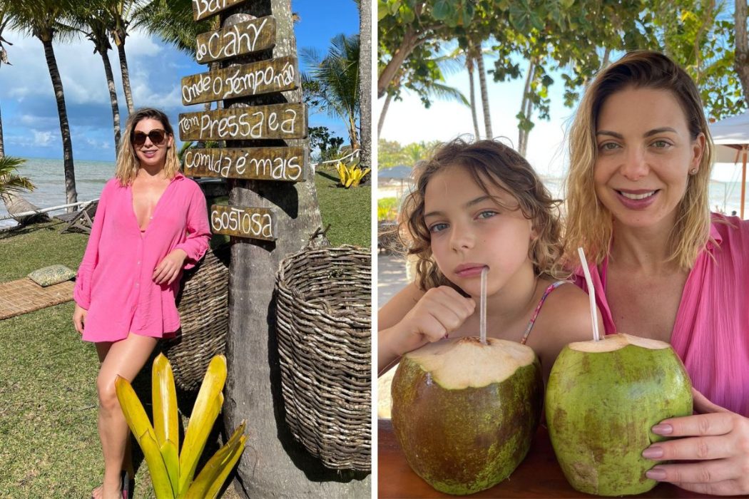 Sheila Mello aproveita férias em Prado, na Bahia, com a filha