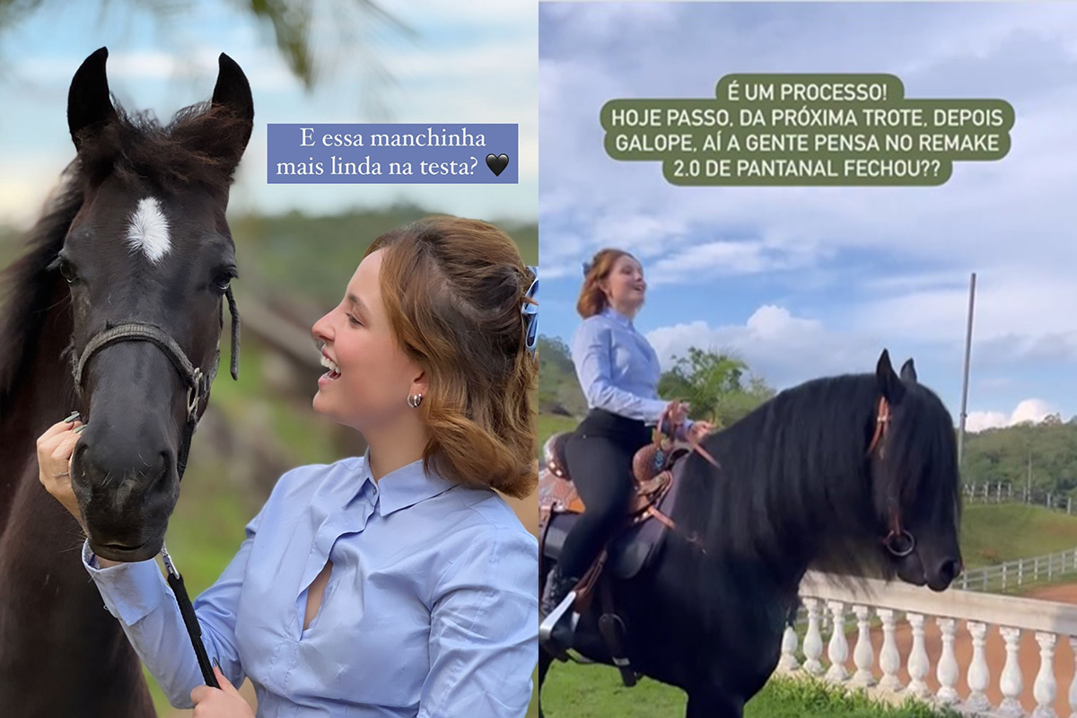 Larissa Manoela anda a cavalo e brinca: 'Remake de Pantanal'