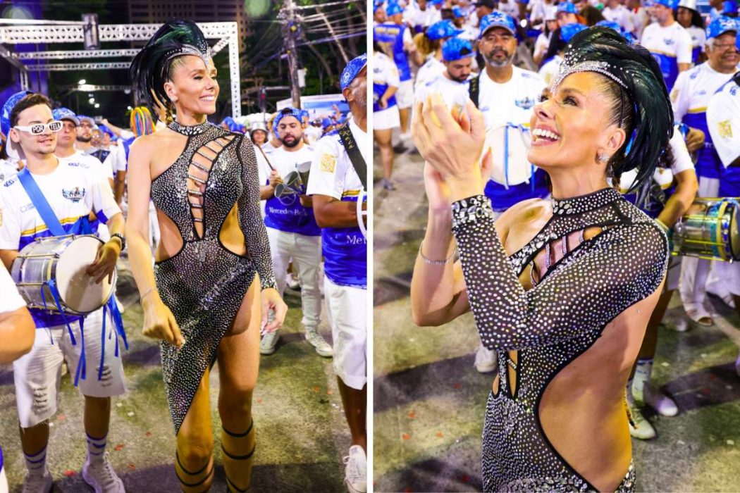 Adriane Galisteu arrasa com micro vestido no ensaio da Portela - OFuxico