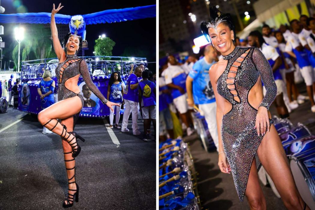 Adriane Galisteu arrasa com micro vestido no ensaio da Portela - OFuxico