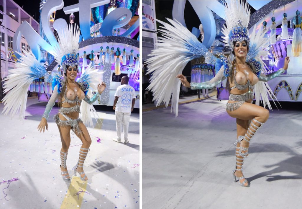 Mulher Abacaxi esquece parte da fantasia e desfila com seios à mostra