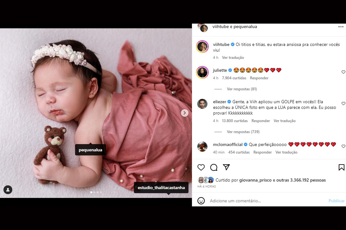 Viih Tube apresenta oficialmente a filha Lua. Veja foto da bebê!