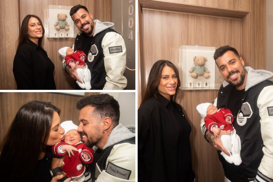 Lipe Ribeiro e Dessa apresentam Dom, ao saírem da maternidade