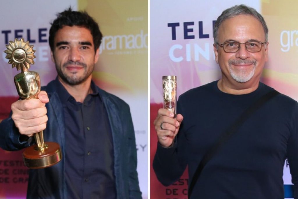 Caio Blat e Marcos Breda prestigiam evento de cinema, no Rio de Janeiro