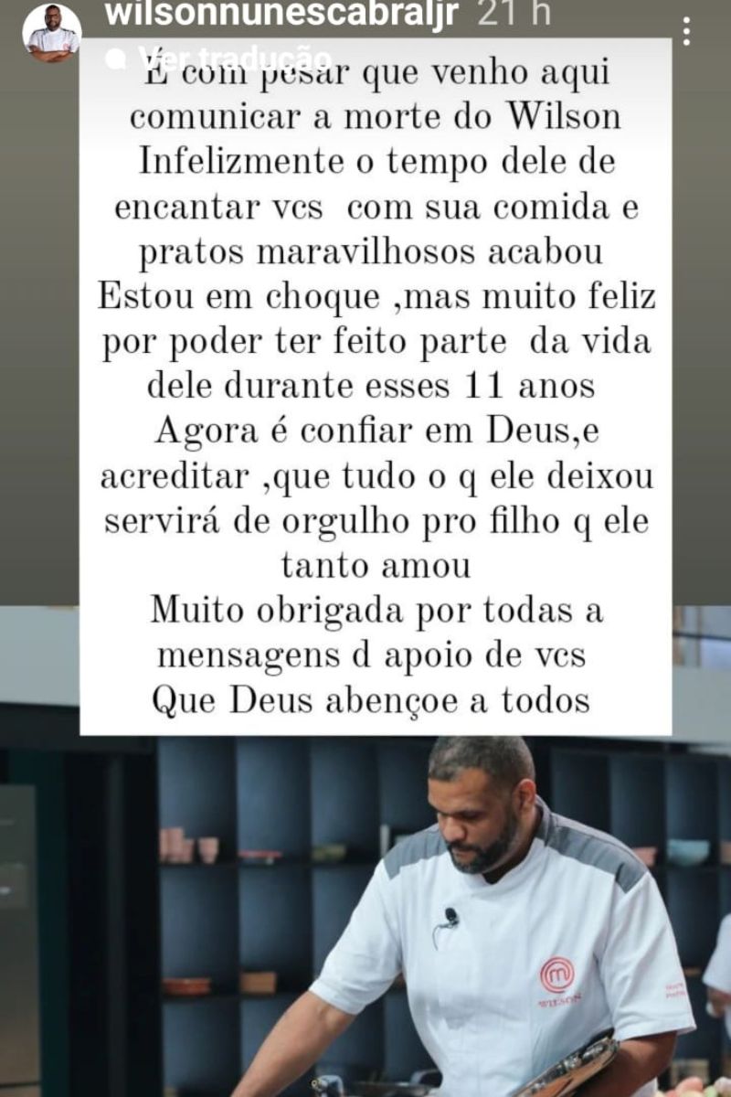 Filho de ex-MasterChef, Wilson Cabral, não sabe da morte do pai