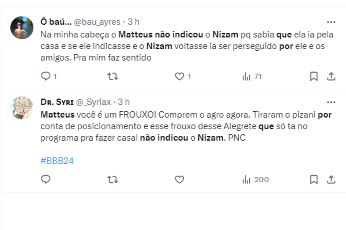 BBB24: Matteus revela o motivo de não ter indicado Nizam